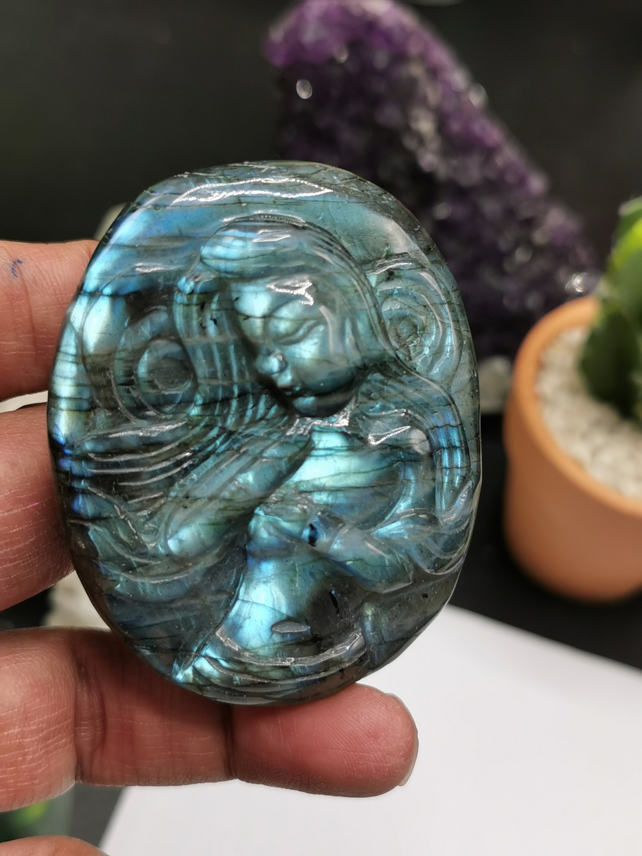 Intricately hand carved Goddess on natural labradorite stone | Etsy
