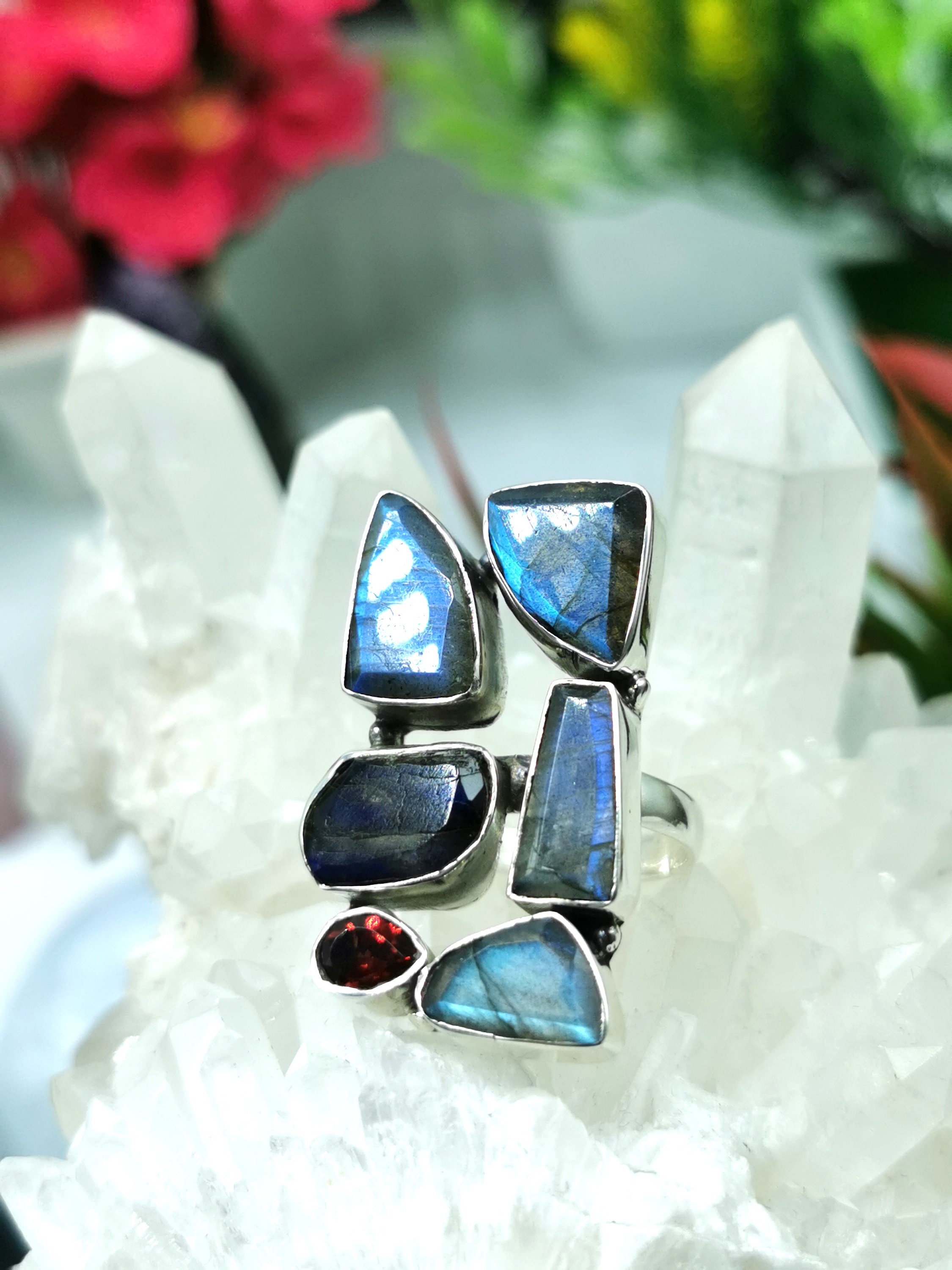 Stunning and unique labradorite and garnet ring in 925 silver | Etsy