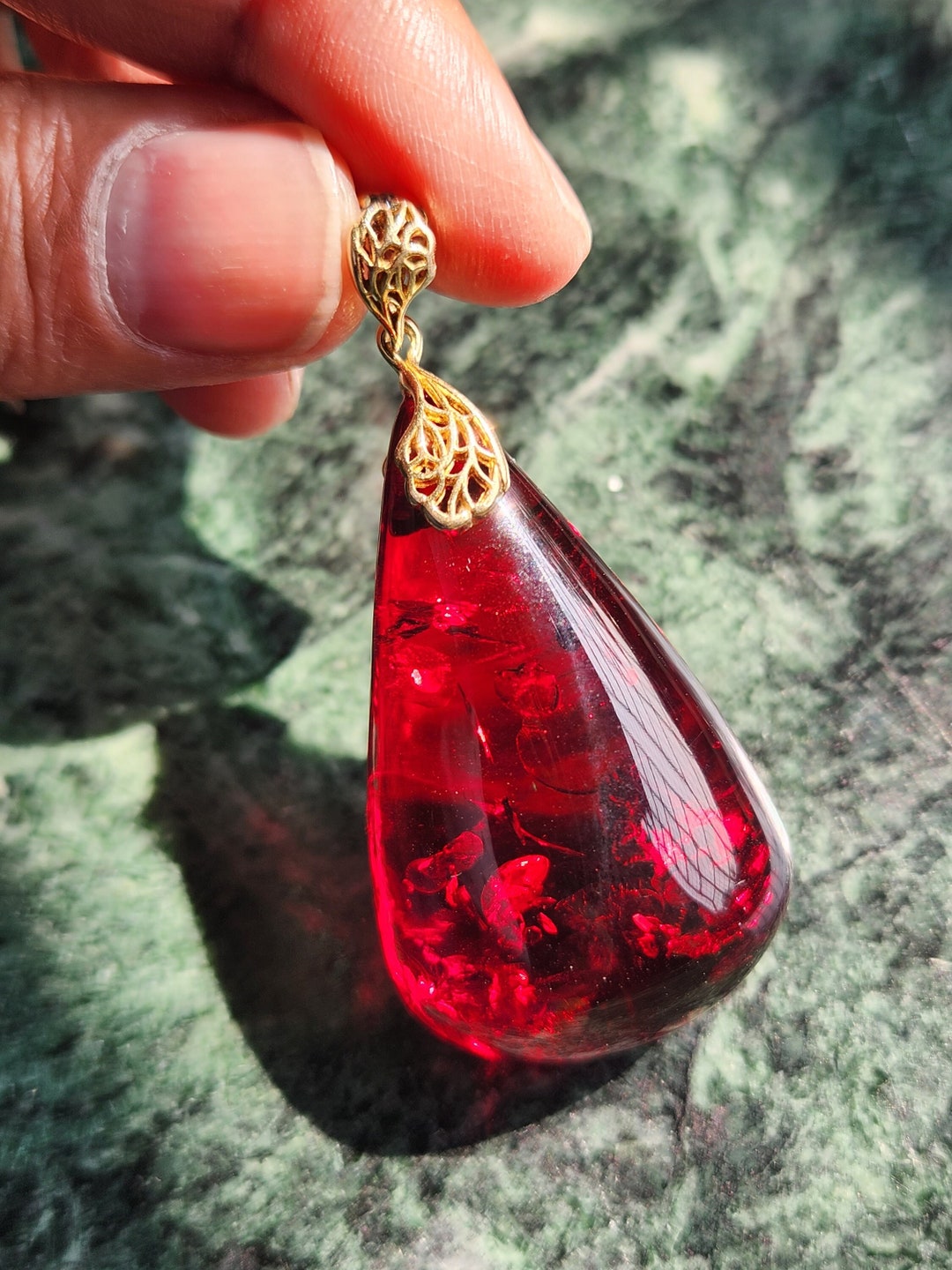 Fiery Elegance: Handmade Red Amber Teardrop Pendant - 59 Carats - Etsy
