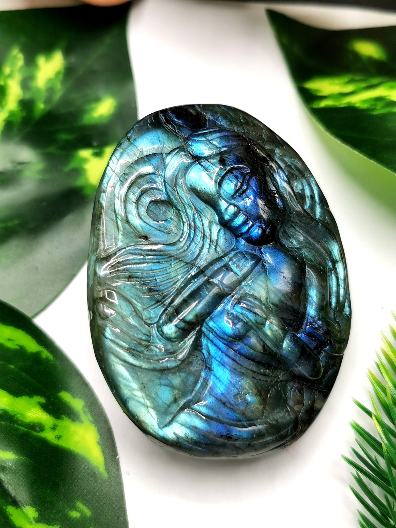 Intricately hand carved Goddess on natural labradorite stone | Etsy
