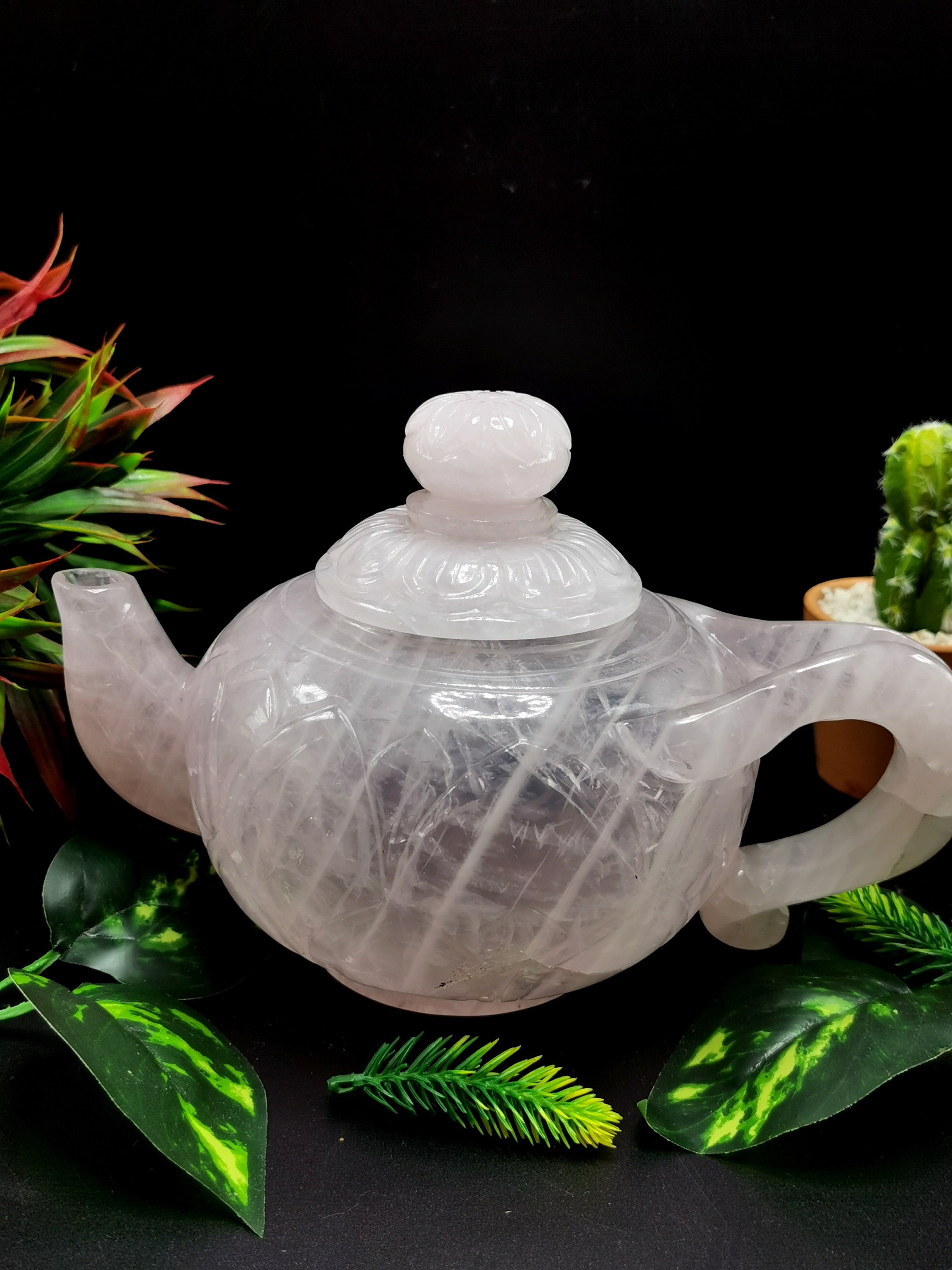 Rose Quartz Tea Set - Exquisite Carving of a Tea Kettle and 4 Tea Cups ...