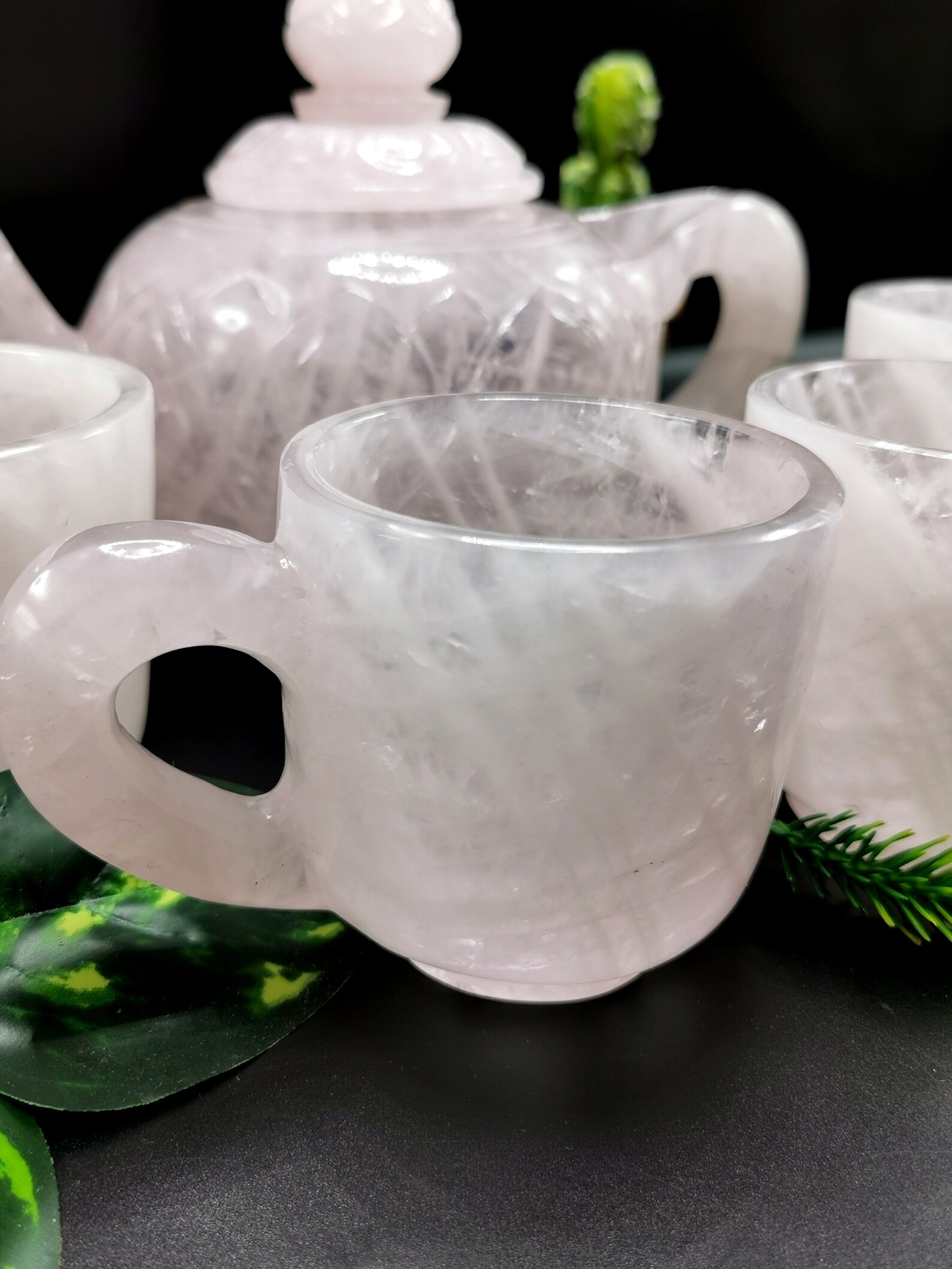 Rose Quartz Tea Set - Exquisite Carving of a Tea Kettle and 4 Tea Cups ...