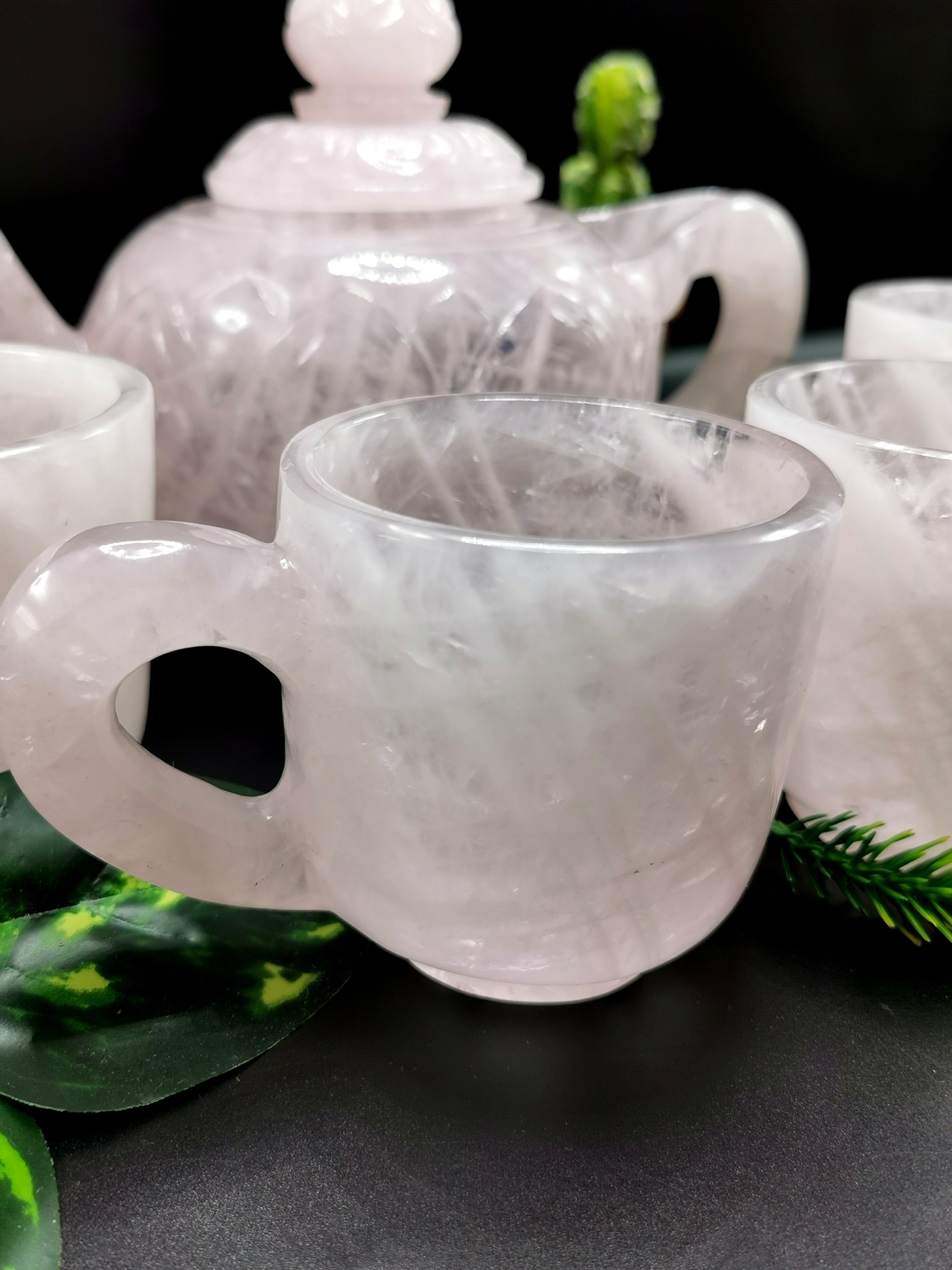Rose Quartz Tea Set - Exquisite Carving of a Tea Kettle and 4 Tea Cups ...