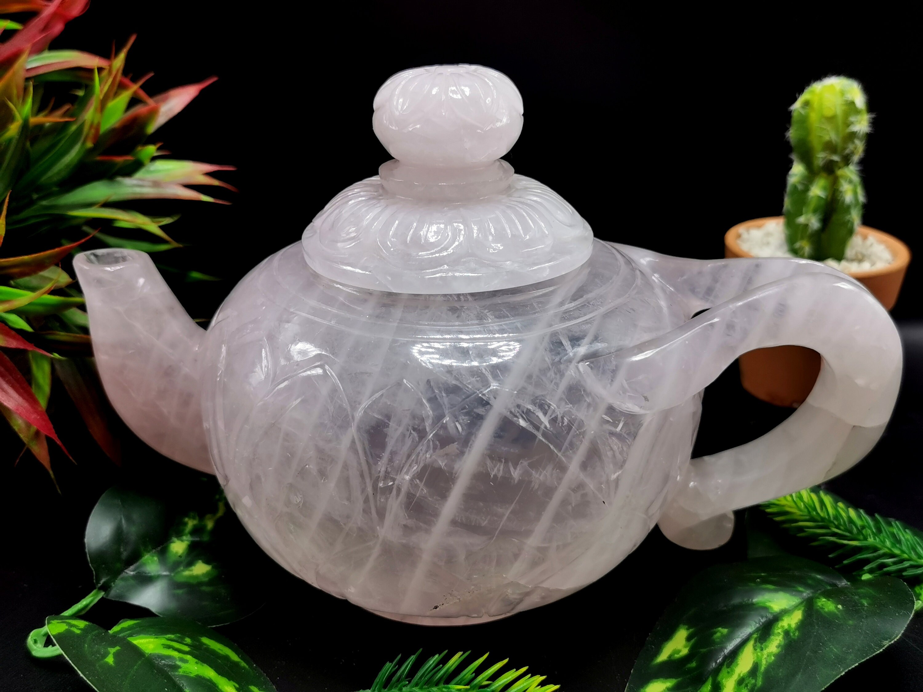 Rose Quartz Tea Set - Exquisite Carving of a Tea Kettle and 4 Tea Cups ...