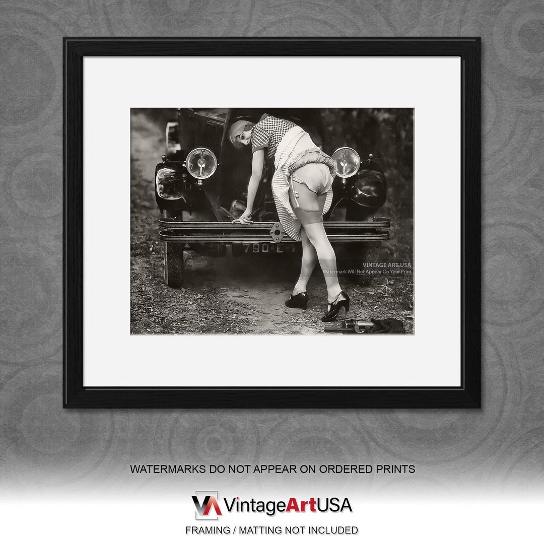 1920s Flapper Woman Working on Automobile 20s Vintage Wall Art Sexy ...