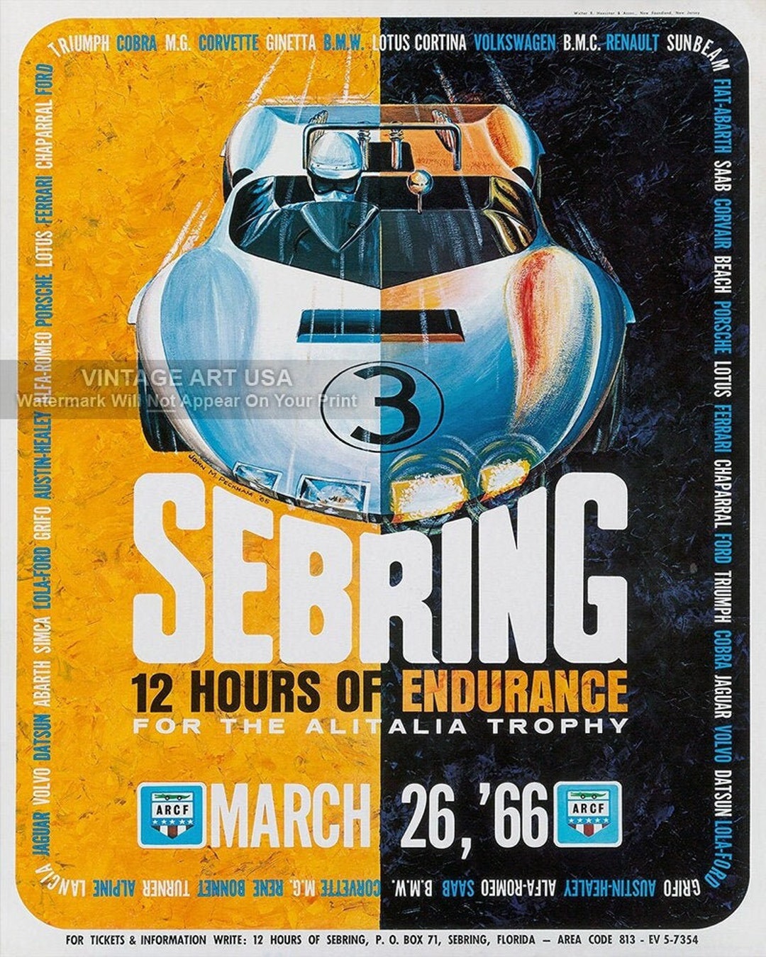 1966 Sebring Car Race Poster - Vintage 1960s Fine Art Print - 12 Hours ...