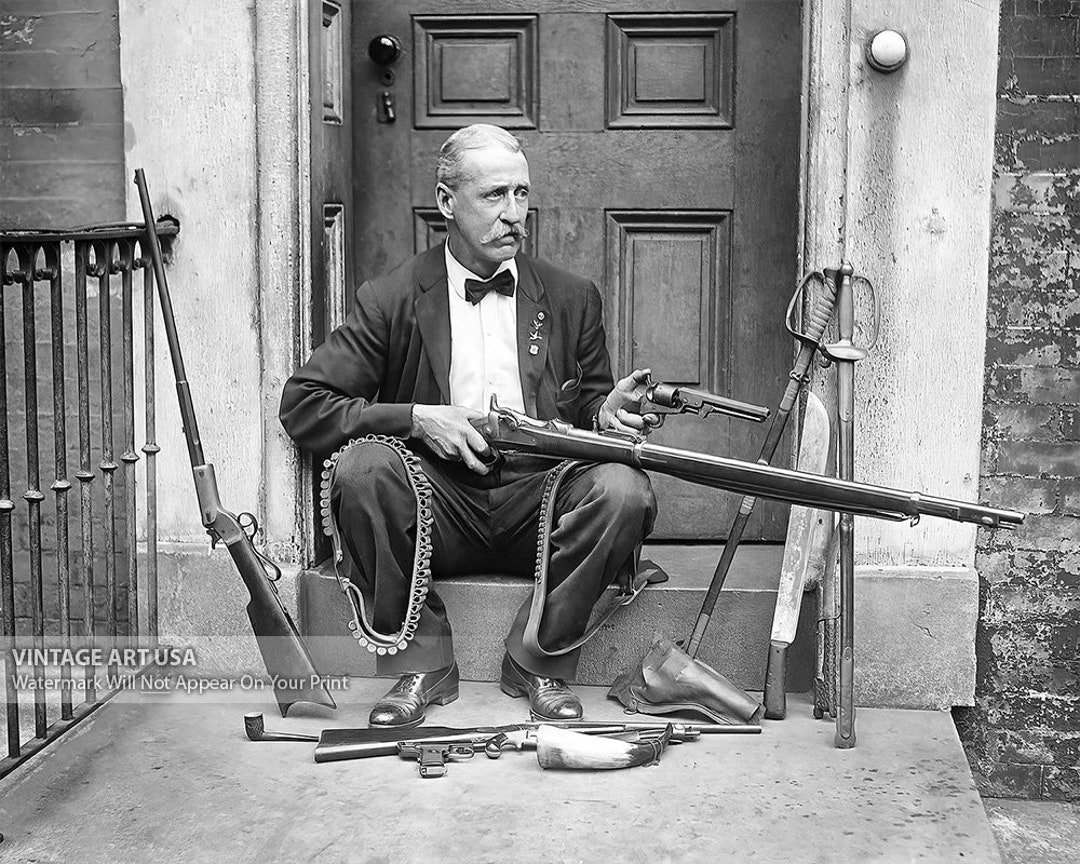 Vintage 1927 Gentleman Gunslinger Photo Print - Man Sitting With Rifles ...