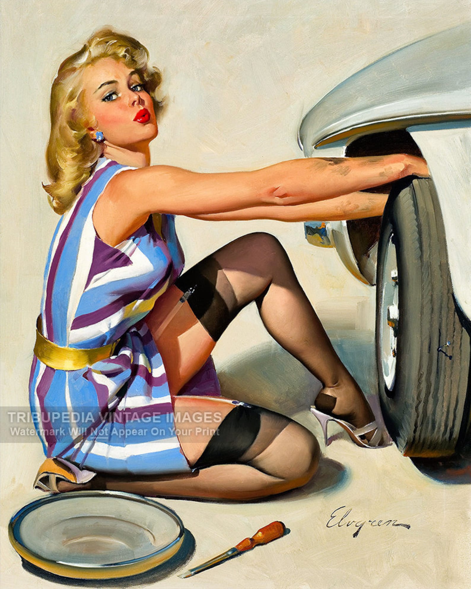 Vintage 1967 Gil Elvgren Quick Change Pin-up Girl Illustration Artwork Car Auto Poster Beautiful ...