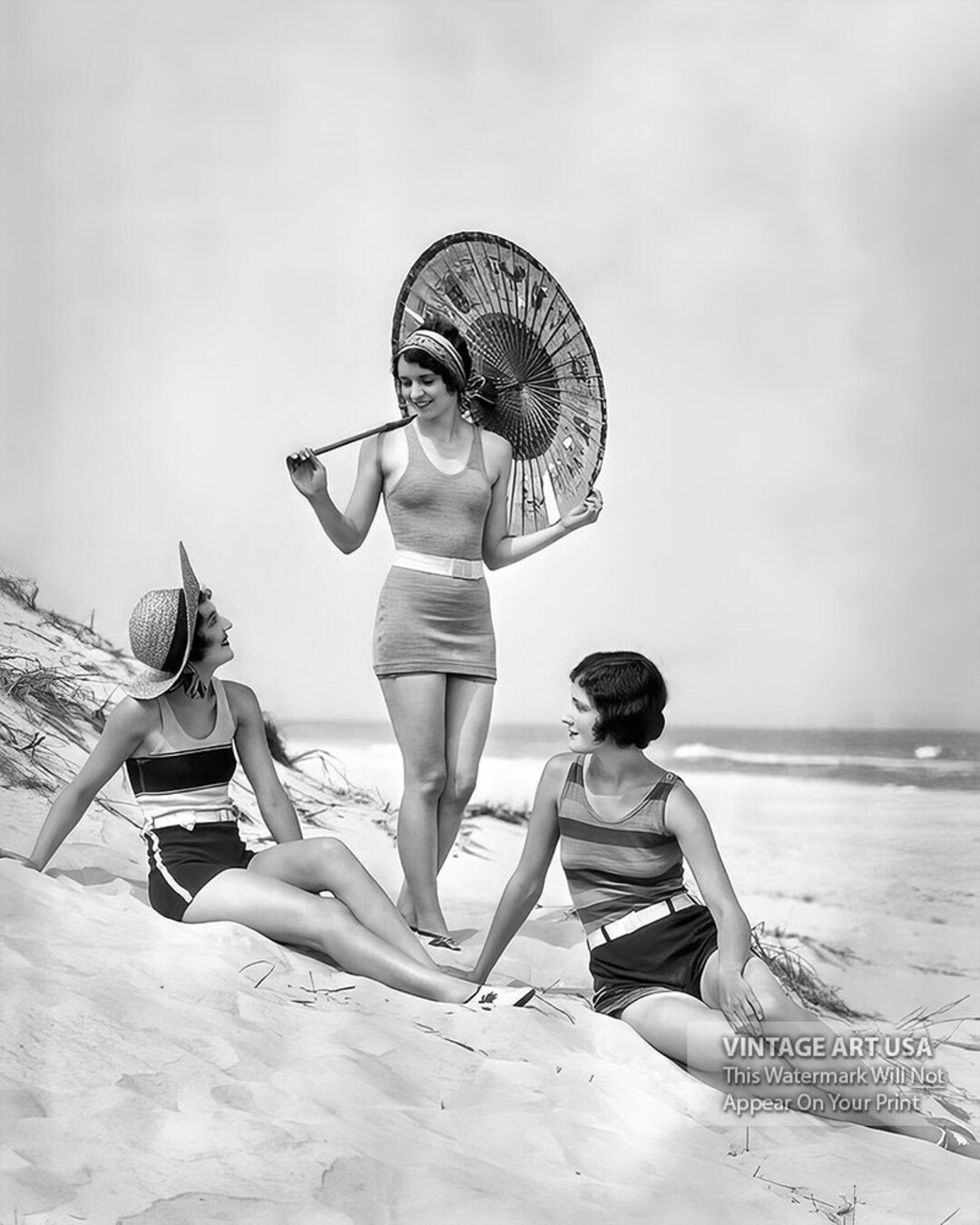 Three Happy Women In Swimsuits At The Beach Photo Print 1920s Vintage