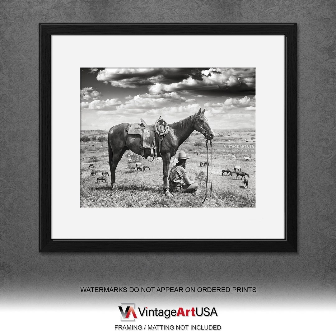 Vintage Texas Cowboy Photo Wall Art 1910 Horse Wrangler Black and White ...