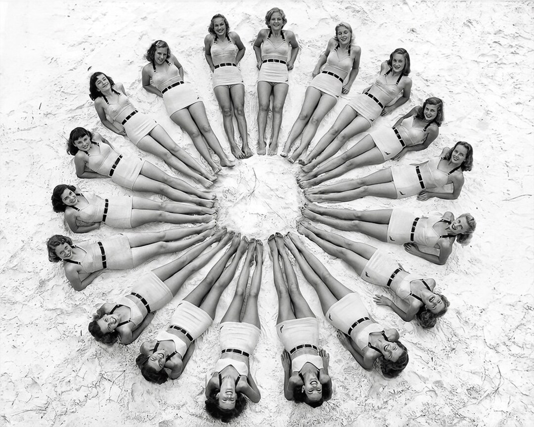 Vintage Swim Party Photo Print 1940s Bathing Suits Beach Girls in a Circle Fun Photo Wall Art ...