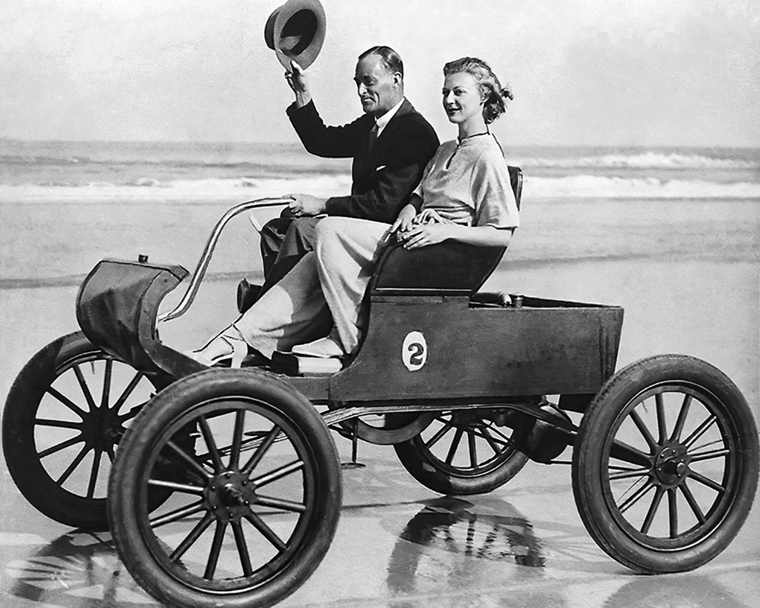 Vintage 1920s Photo Fashionable Couple Driving on the Beach in Early ...