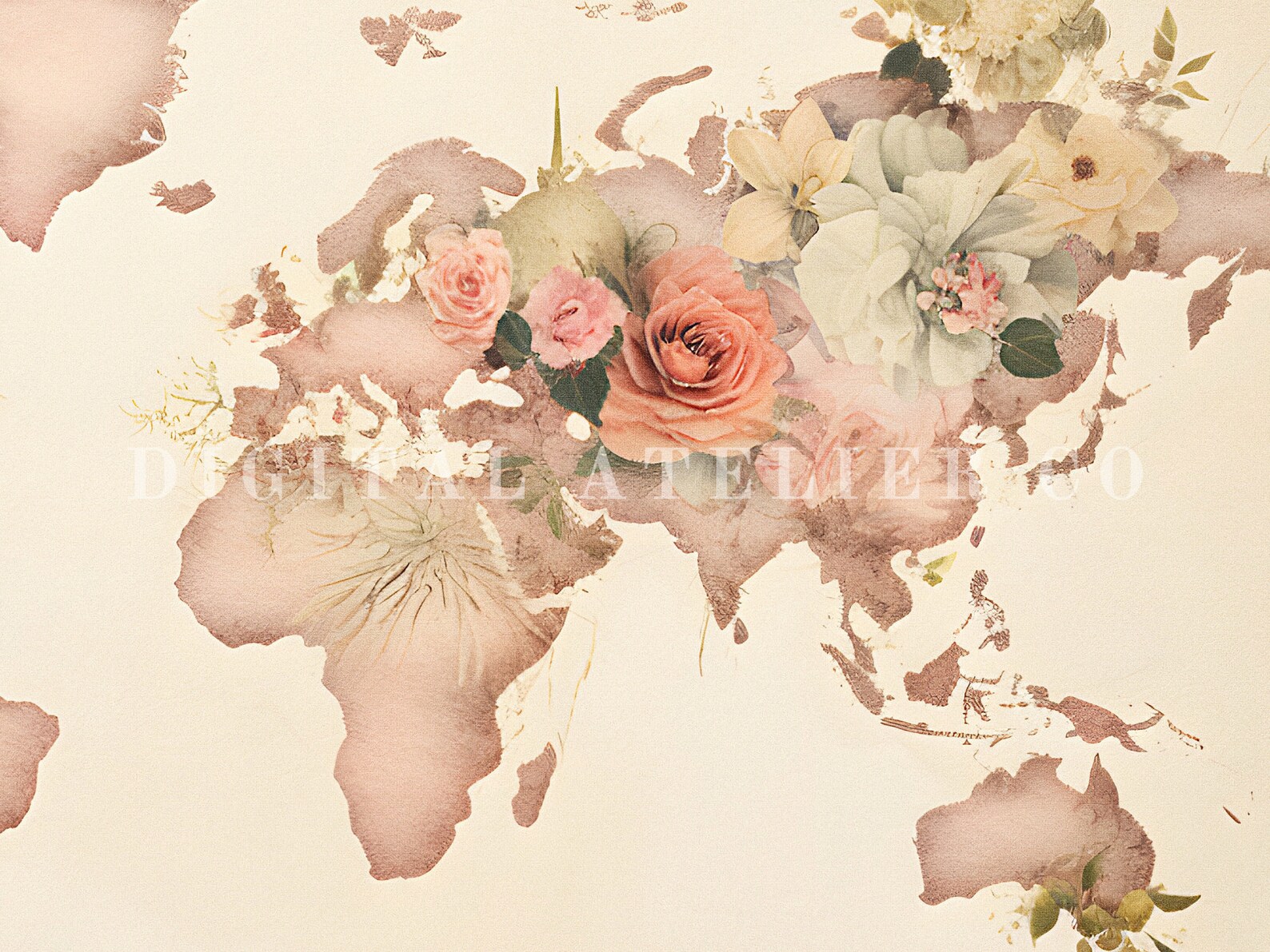 World Map Vintage Style With Flowers, Earthy Tone Decorative Artistic ...