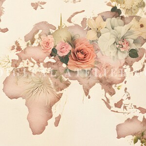 World Map Vintage Style With Flowers, Earthy Tone Decorative Artistic ...