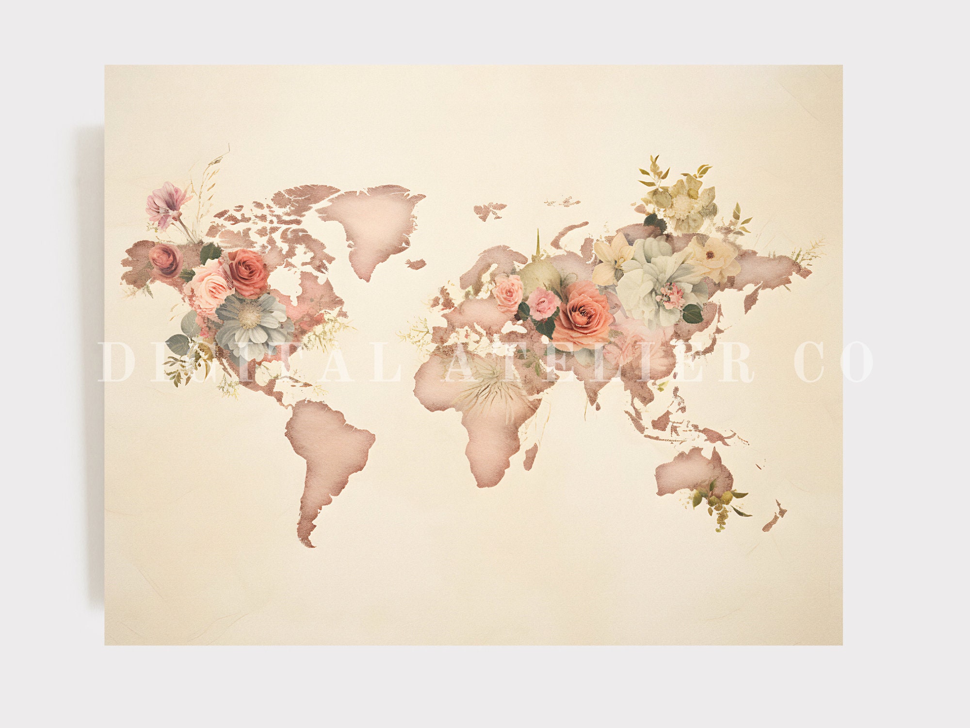 World Map Vintage Style With Flowers Earthy Tone Decorative - Etsy