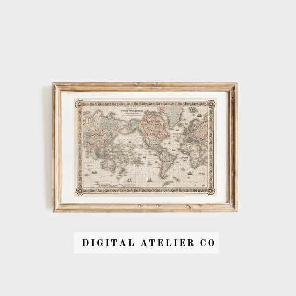 Colorful Digital Vintage Pink World Map Printable Download, Detailed ...