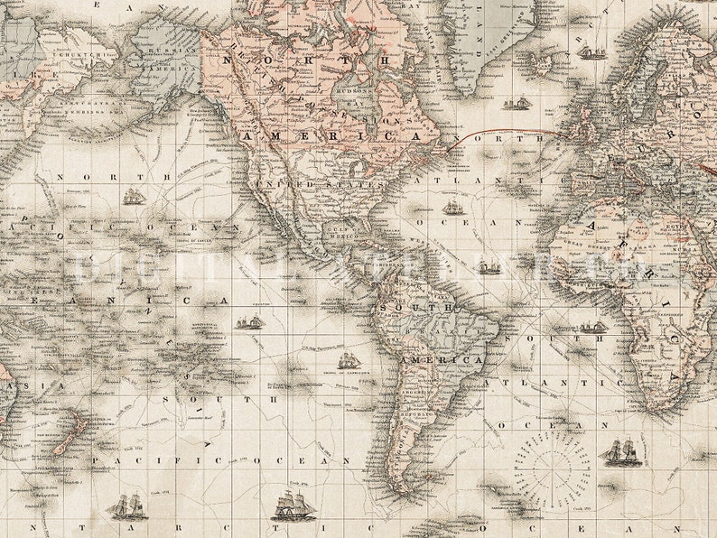 Vintage World Map Ancient Travel Poster Printable Art Nautical - Etsy