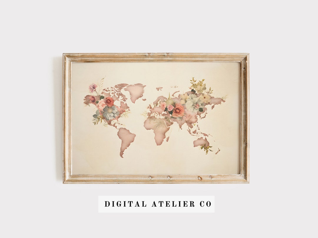 World Map Vintage Style With Flowers, Earthy Tone Decorative Artistic Map Print, Floral Inspired ...