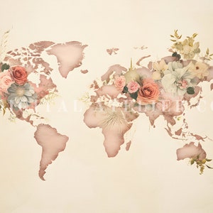 World Map Vintage Style With Flowers, Earthy Tone Decorative Artistic ...