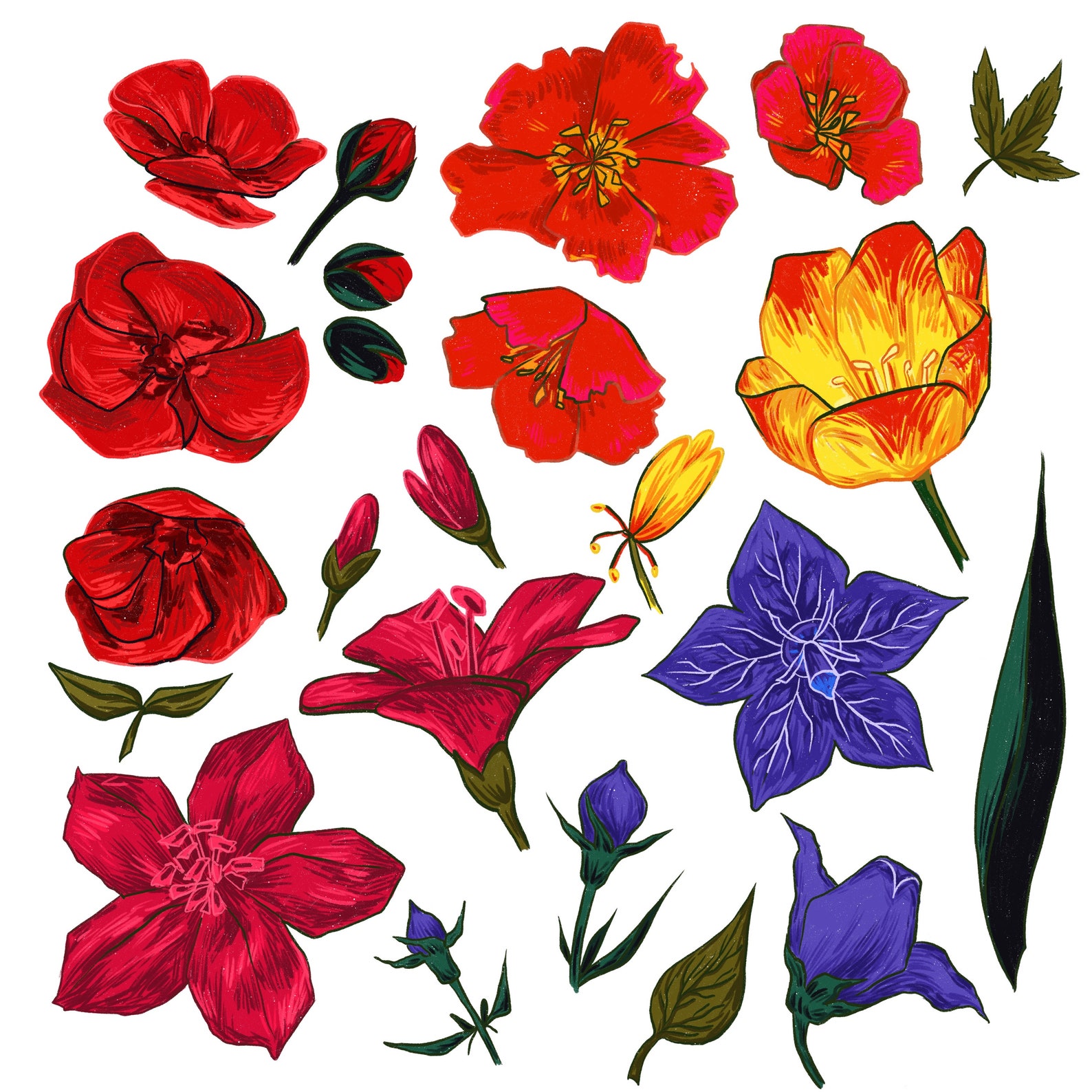 Flower Clip Art, Hand Drawn Flower Clipart, Red Flowers,colourful Clip ...