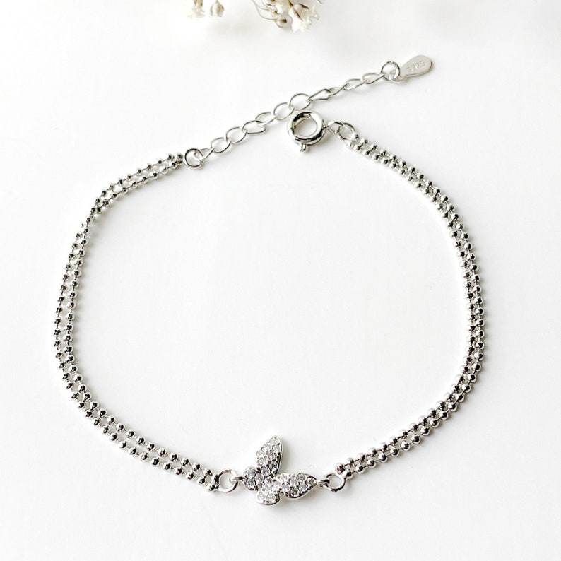 Dainty Butterfly Charm Double Ball Chain Sterling Silver Bracelet With ...