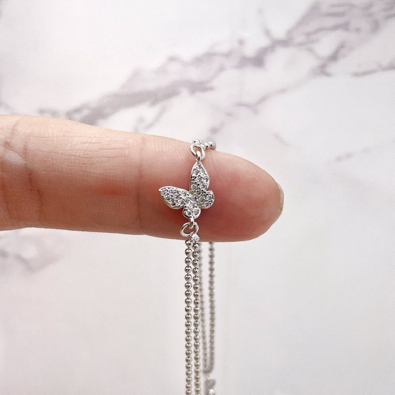 Dainty Butterfly Charm Double Ball Chain Sterling Silver Bracelet With ...