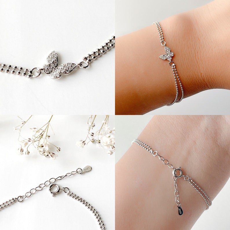 Dainty Butterfly Charm Double Ball Chain Sterling Silver Bracelet With ...