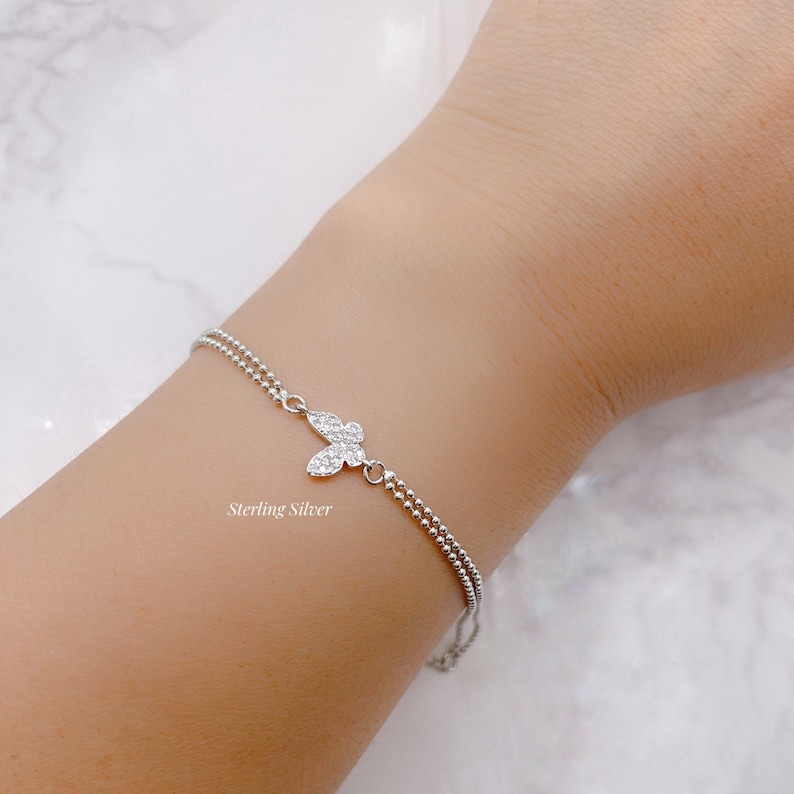 Dainty Butterfly Charm Double Ball Chain Sterling Silver Bracelet With ...