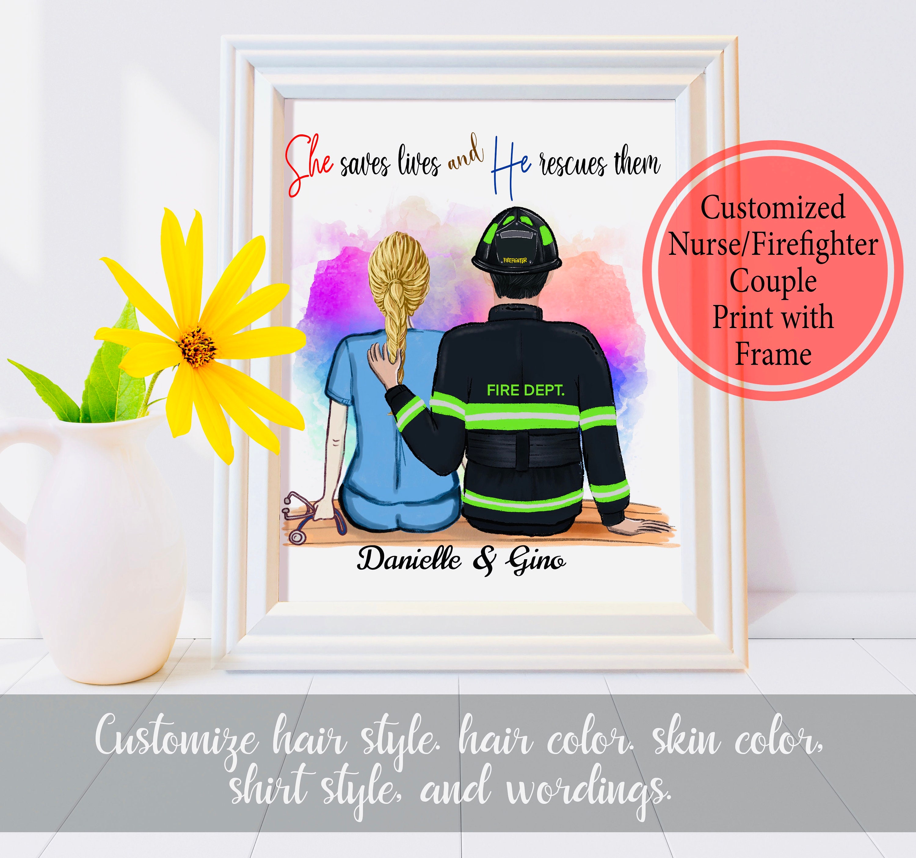 Customized Nurse Firefighter Couple Print Personalized - Etsy