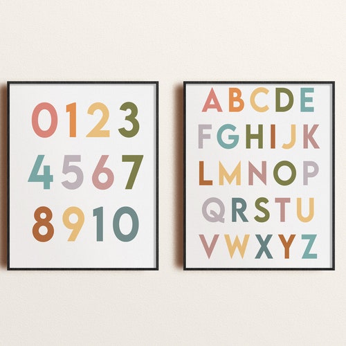 Alphabet Numbers Printable Art Pink set of 2 Nursery Decor - Etsy