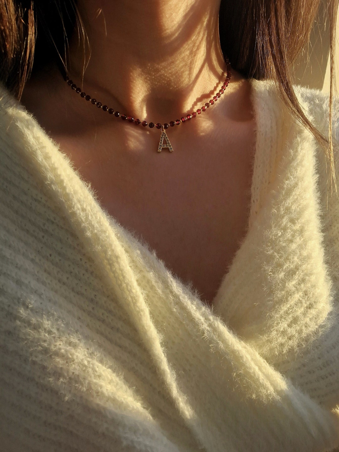 Personalized Garnet Necklace With Letter Pendant, Initial Jewelry ...