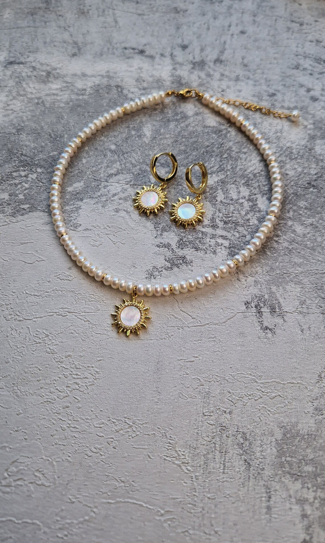 Bohemian Necklace, Pearl Necklace With Mother of Pearl Sun Pendant ...