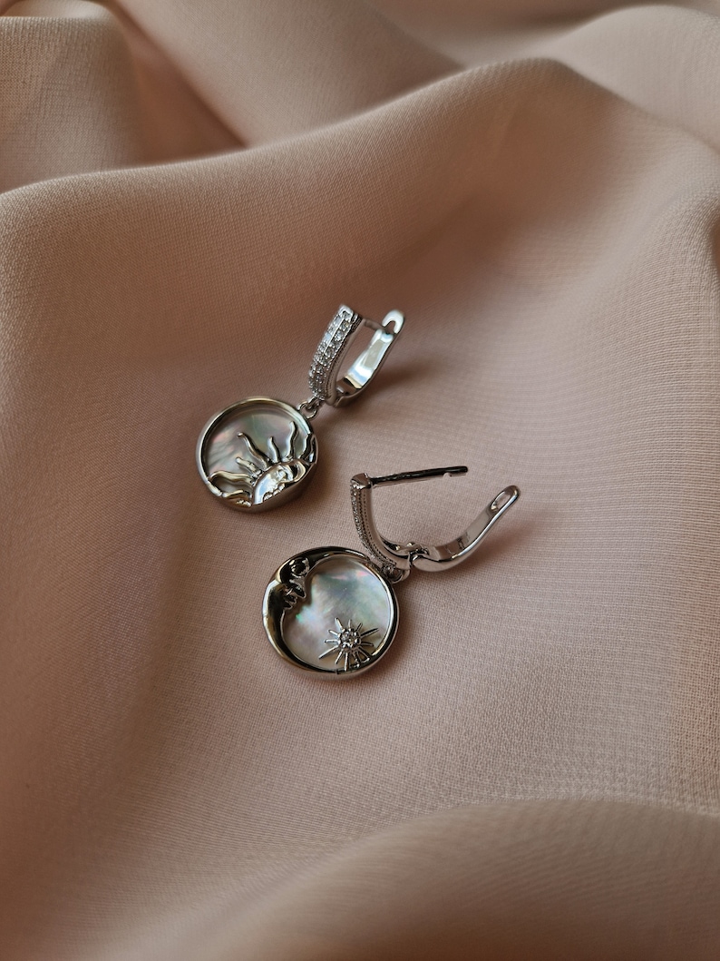 Sun And Moon Earrings Silver Mother Of Pearl Dangle Earrings Handmade