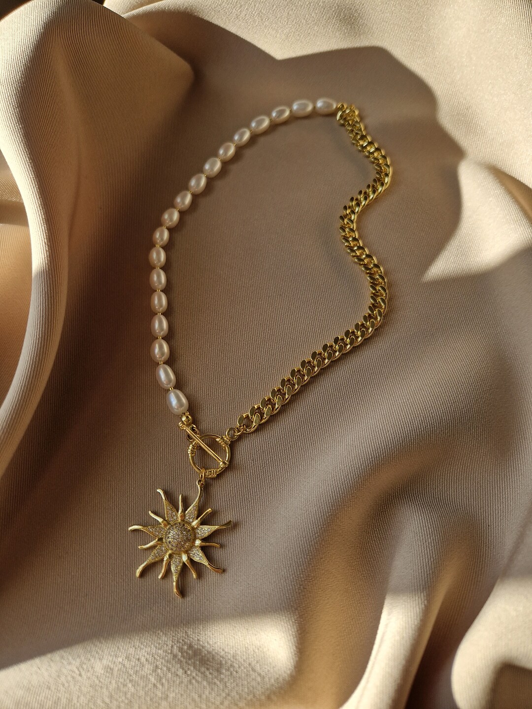 Sun Pendant Necklace With Pearls and Chain, Gold Plated Radiant Sun ...