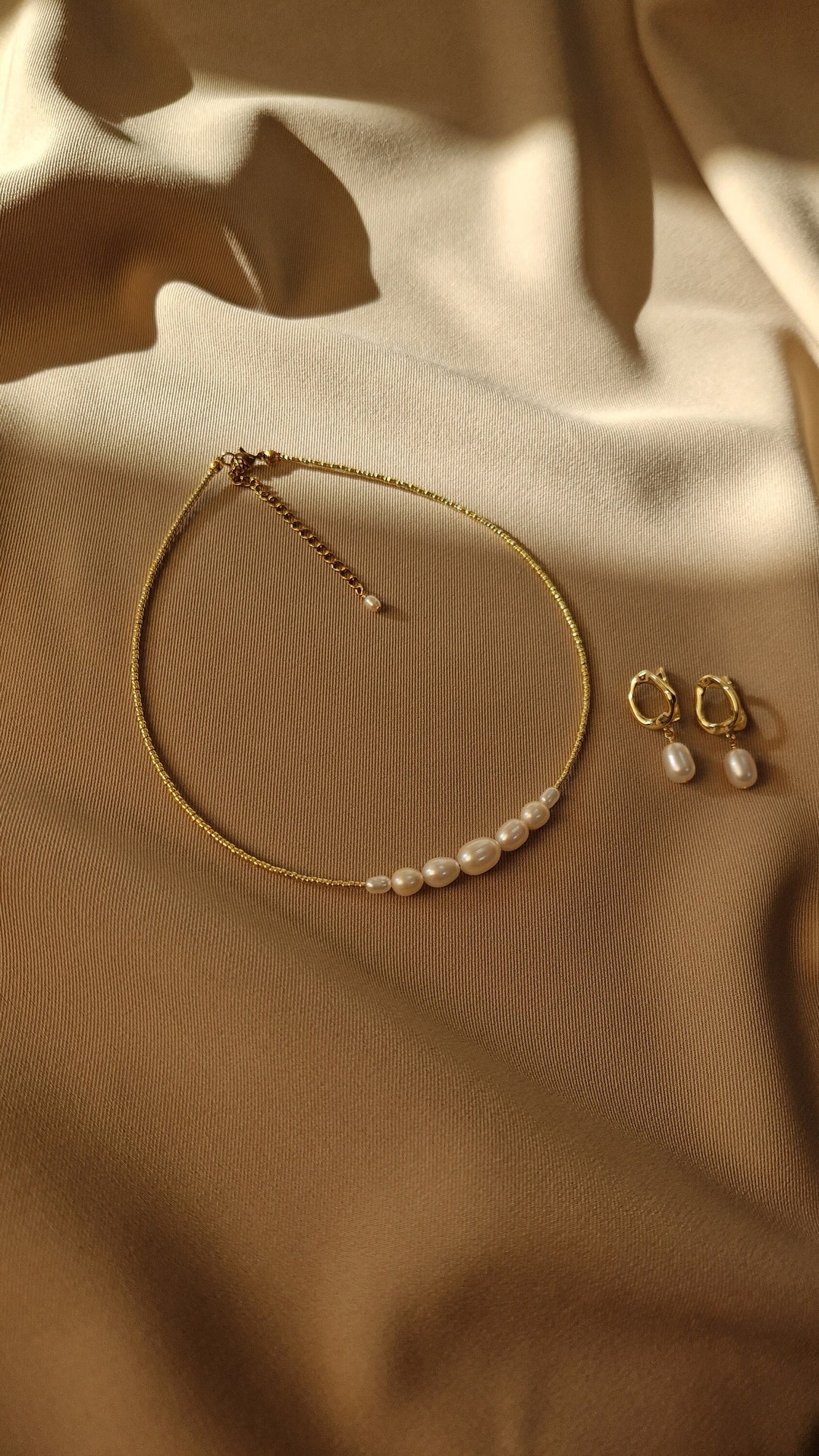 Delicate Bridal Jewelry Set for Bride, Golden Seed Beads and Pearl ...