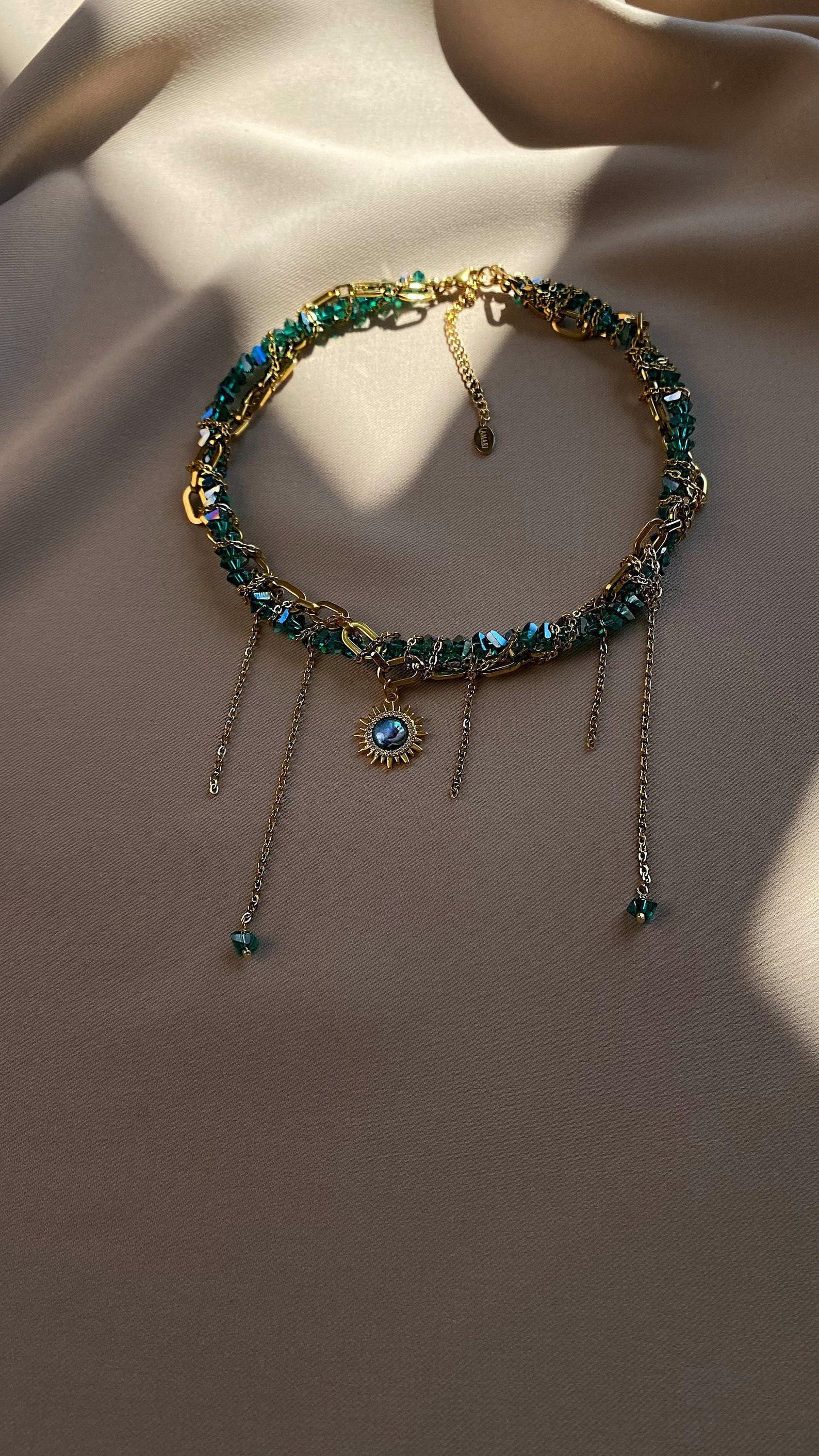 Celestial Pendant Green Crystal Twisted Golden Chain Necklace, Bohemian ...