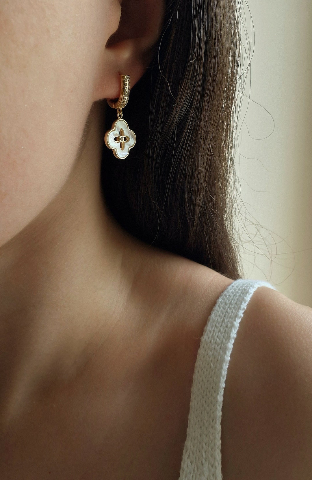 Mother of Pearl Clover Earrings With Cubic Zirconia, Four Leaf Clover Dangle Earrings Gold ...