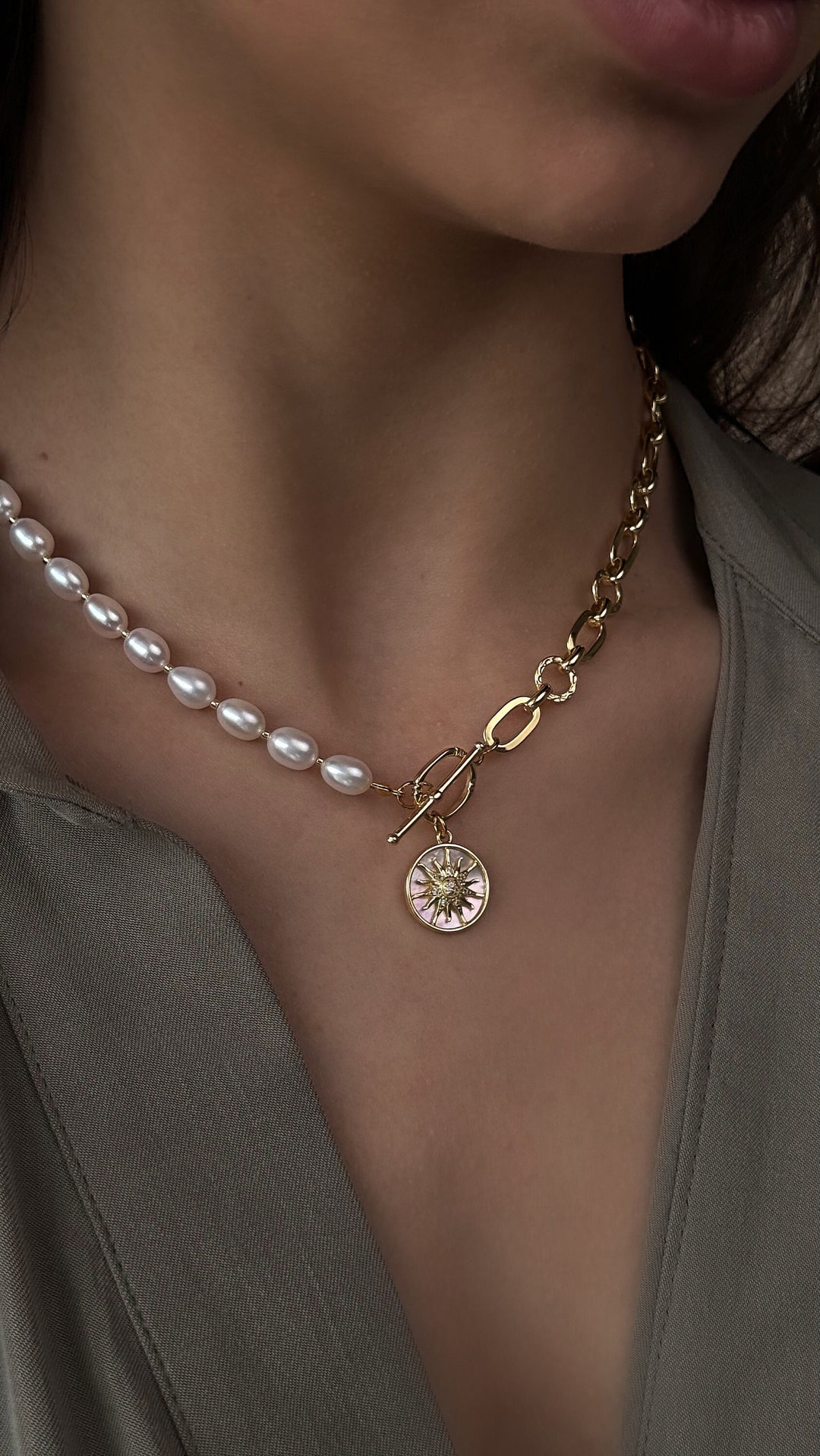Sun Pendant Pearl Necklace Chunky Chain Toggle Necklace Celestial ...