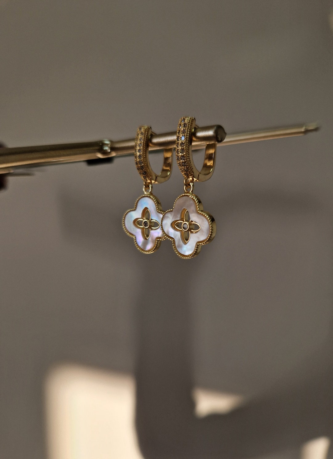 Mother of Pearl Clover Earrings, Four Leaf Earrings for Women, Gold ...