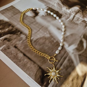 Sun Pendant Necklace With Pearls and Chain, Gold Plated Radiant Sun ...