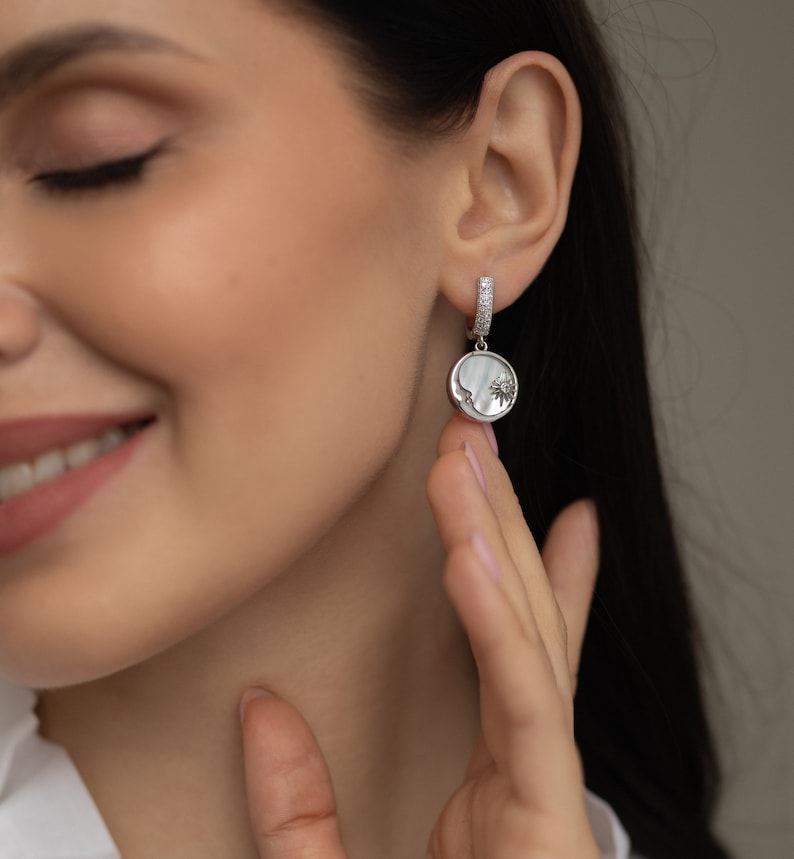 Sun And Moon Earrings Silver Mother Of Pearl Dangle Earrings Handmade
