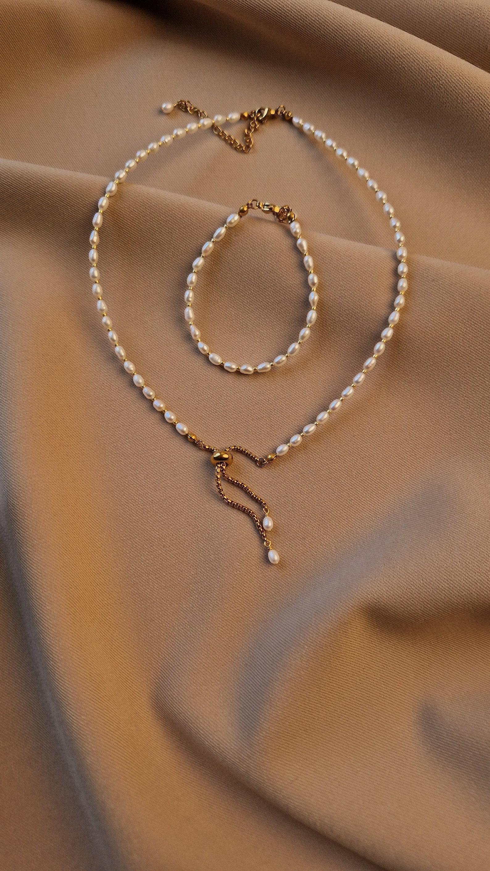 Original Pearl Jewelry Set, Gold Sliding Knot Necklace With Freshwater ...