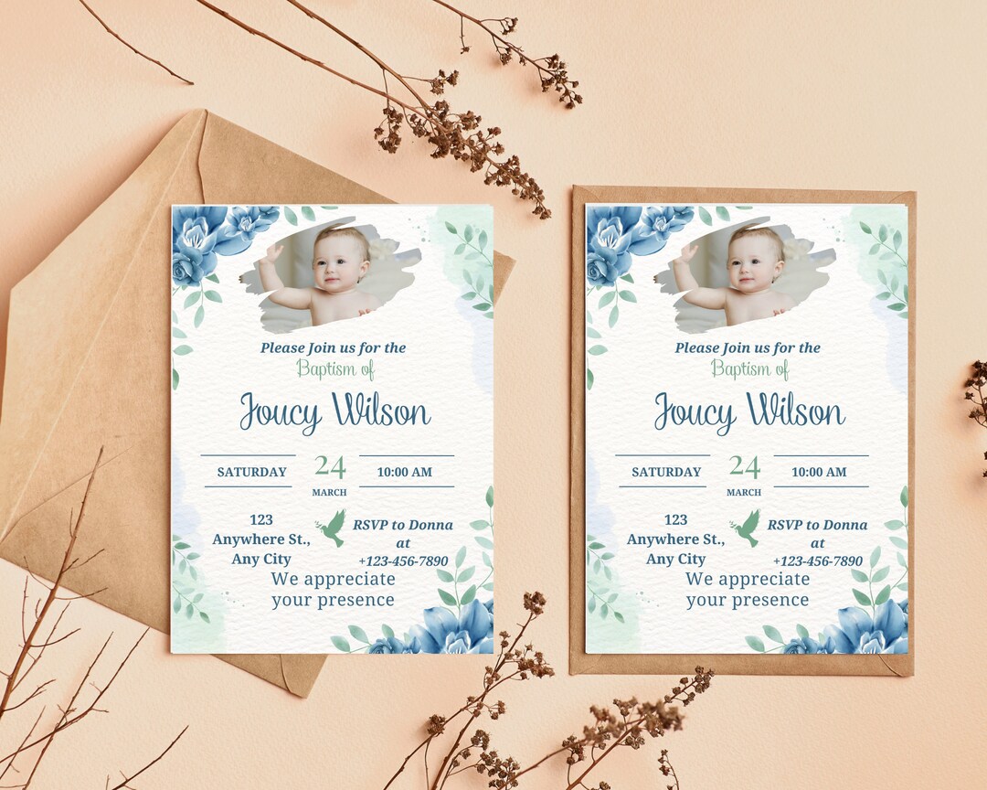 Blue Cute Floral Baptism Invitation, , Boy Baptism Invitation Template ...