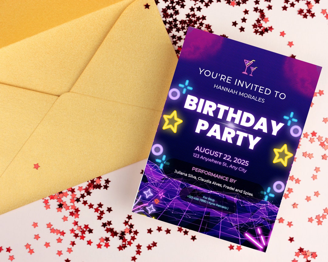 Purple Neon Birthday Party Invitations, Editable Birthday Invitation ...