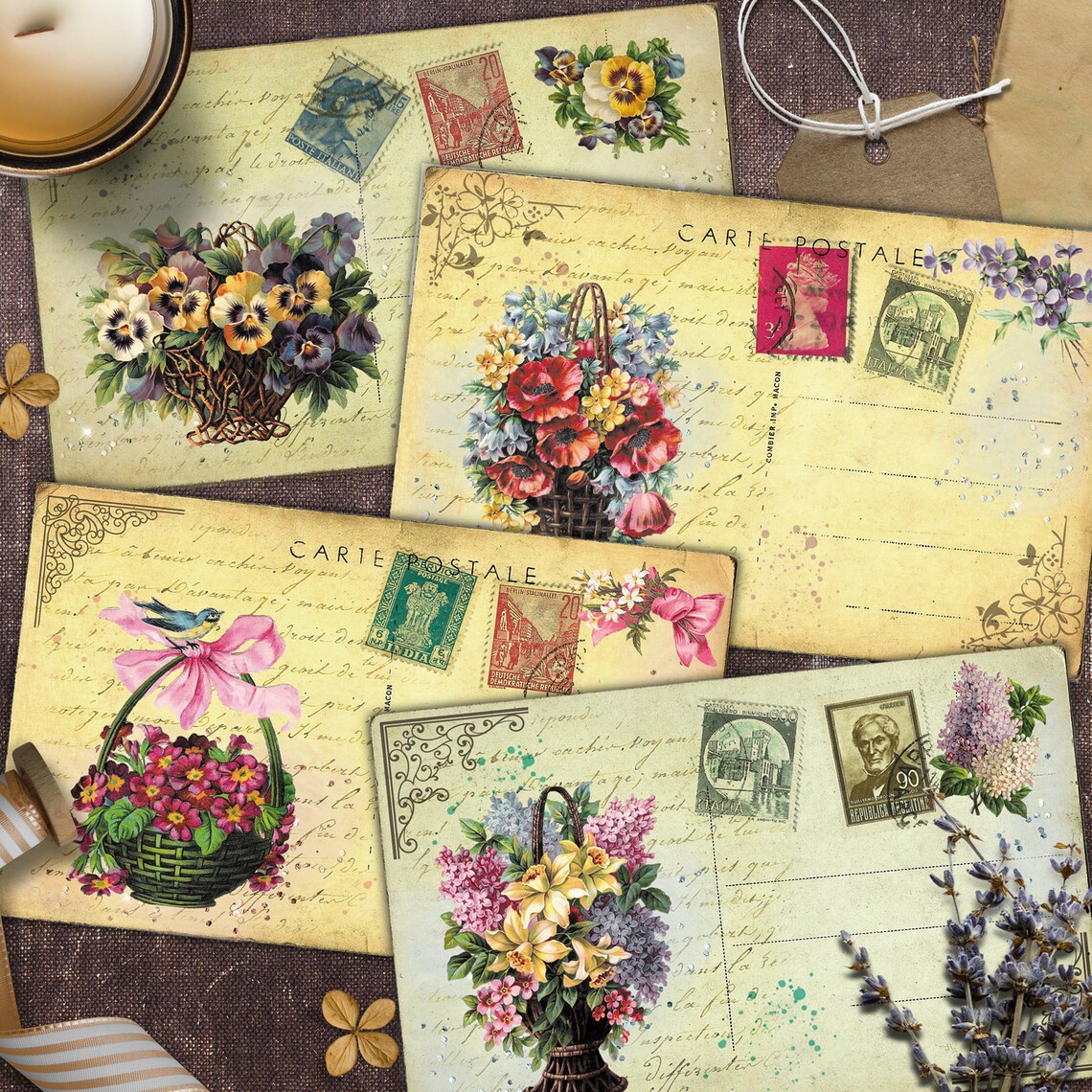 Postcard Flower baskets Digital Cards Printables Vintage | Etsy