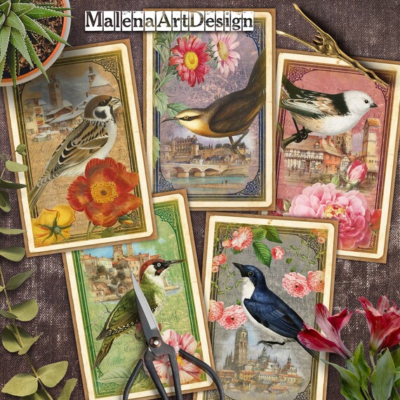 Birds Cards TAGS ATC Digital Cards Printables Vintage | Etsy