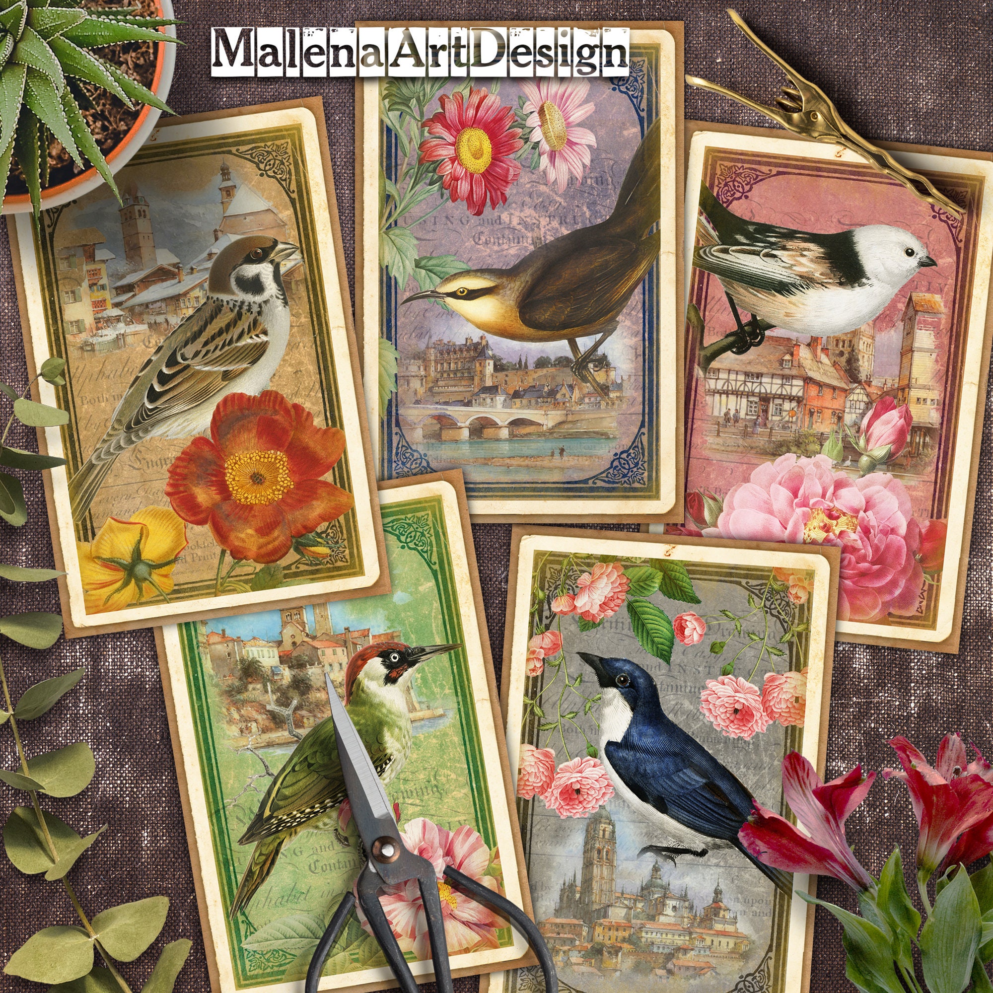 Birds Cards TAGS ATC Digital Cards Printables Vintage - Etsy