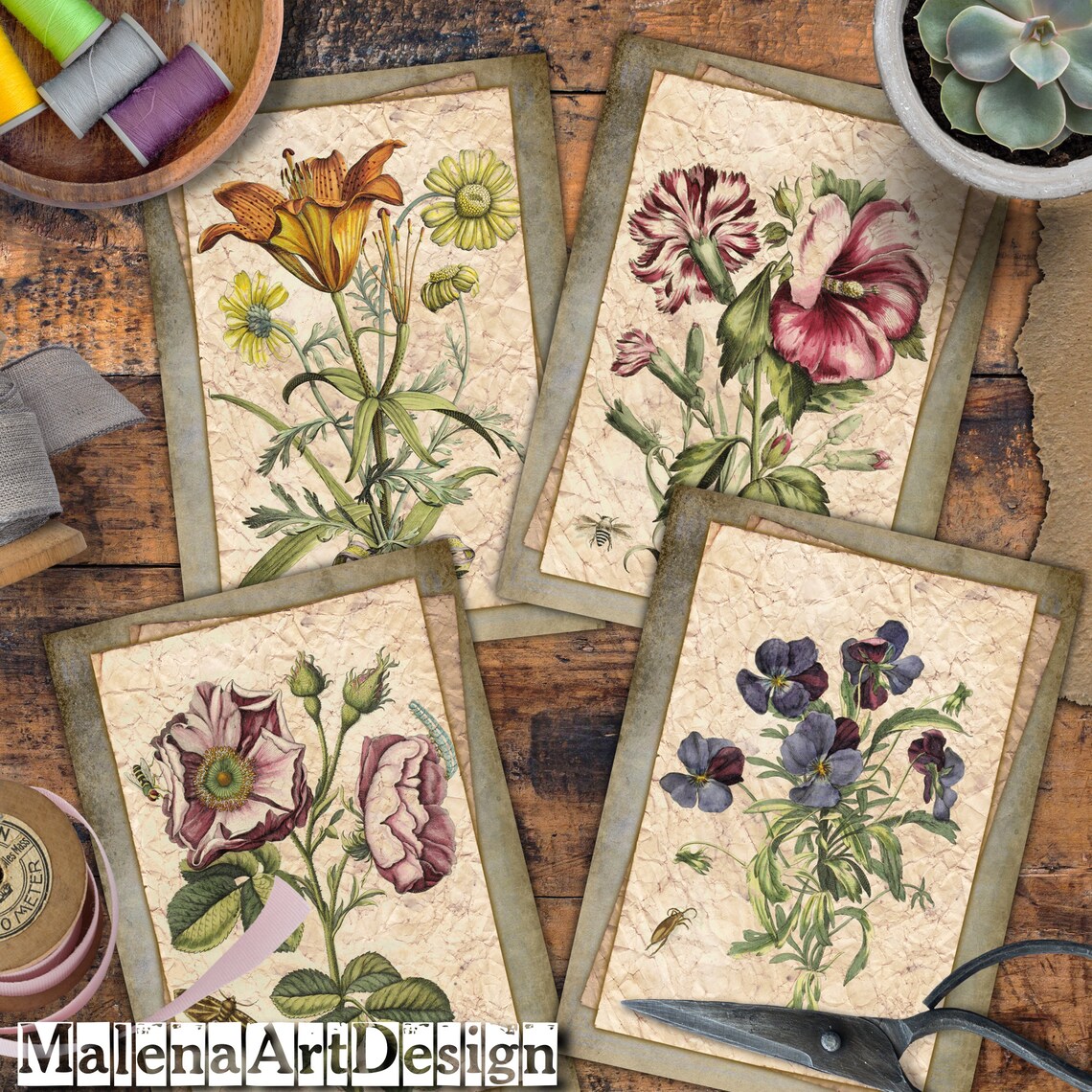 Botanical Flowers Digital Cards Printables Vintage Cards | Etsy