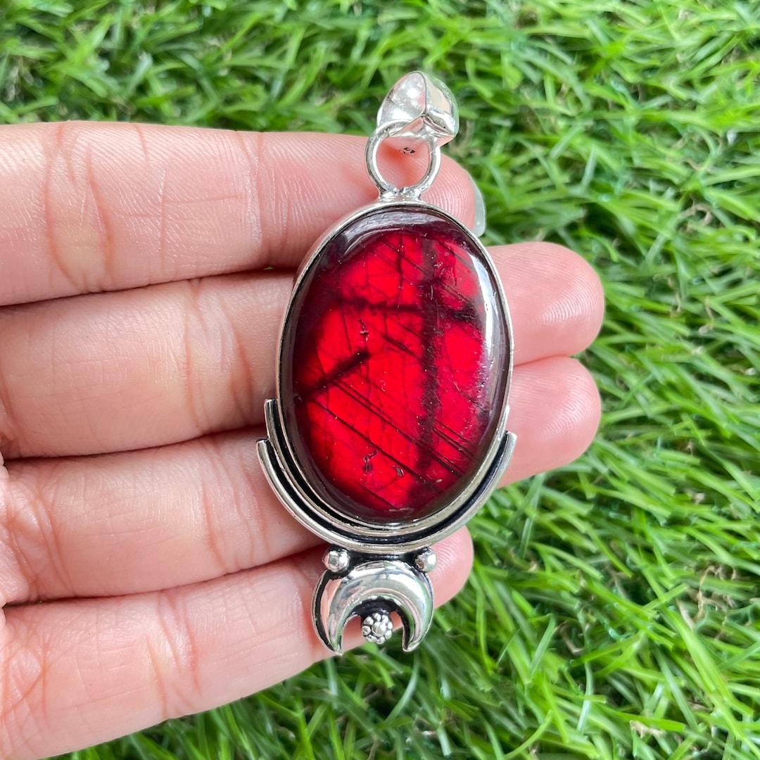 Red Labradorite Pendant: Handmade 925 Sterling Silver, 6cm Oval ...