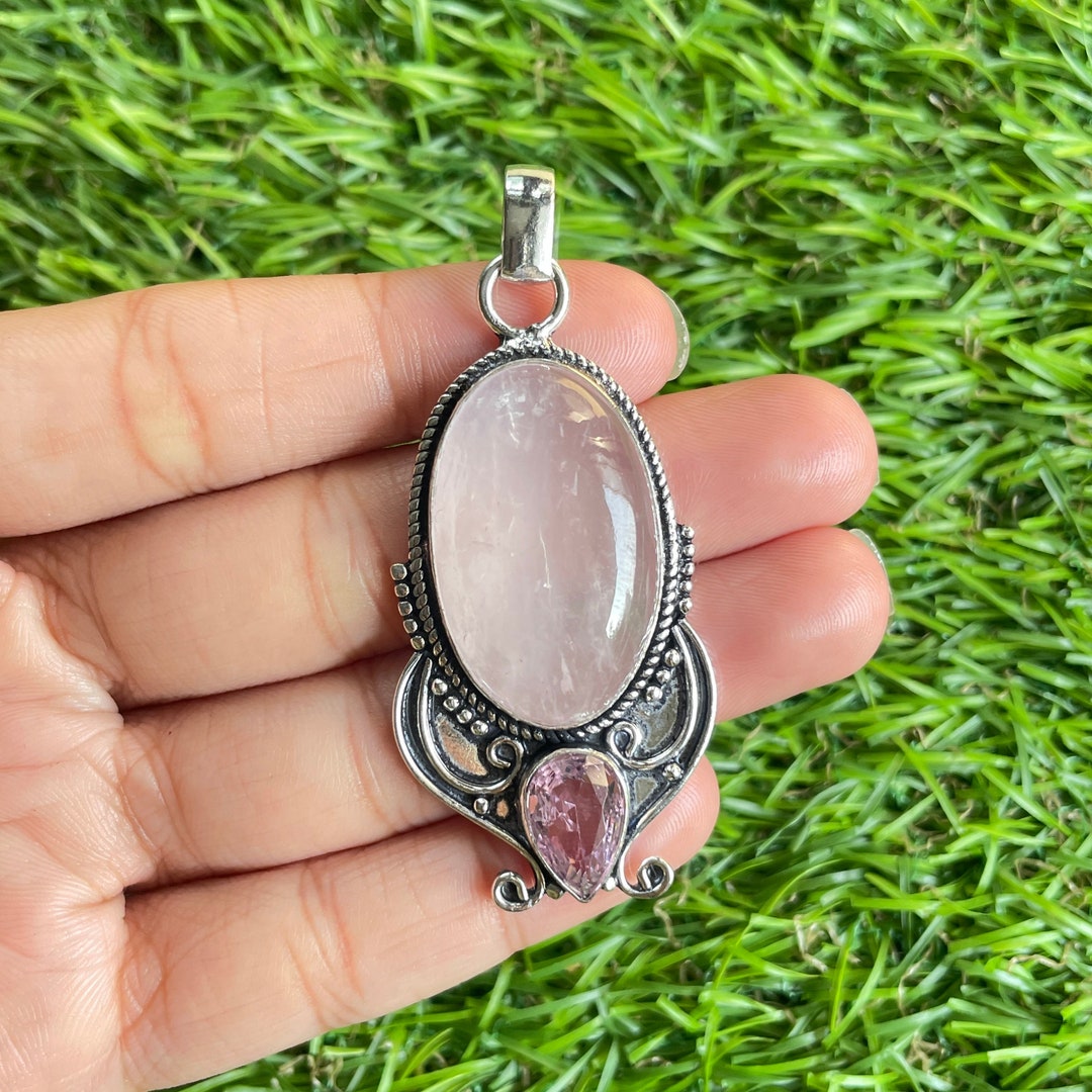 Rose Quartz 925 Sterling Silver Pendant Necklace: Handmade Healing ...